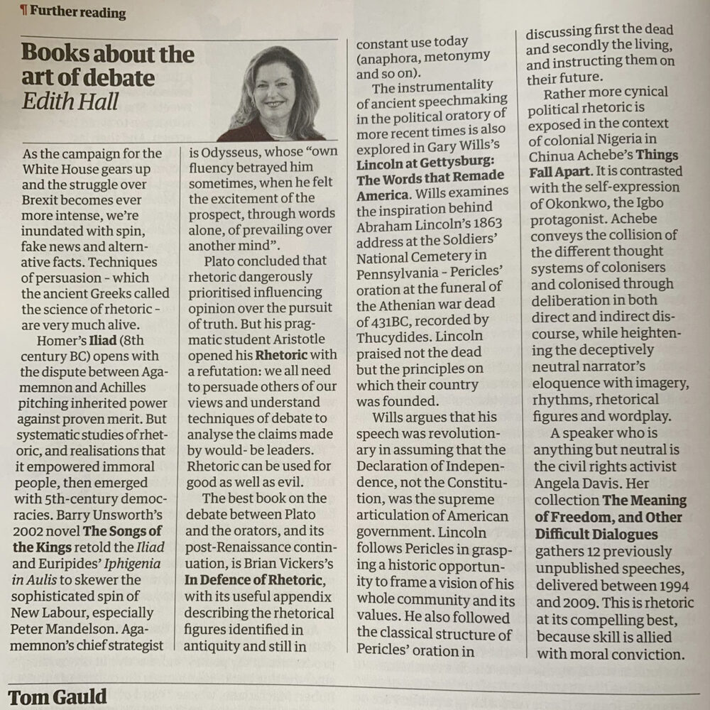 Guardian Article on Books about Debate – Edith Hall